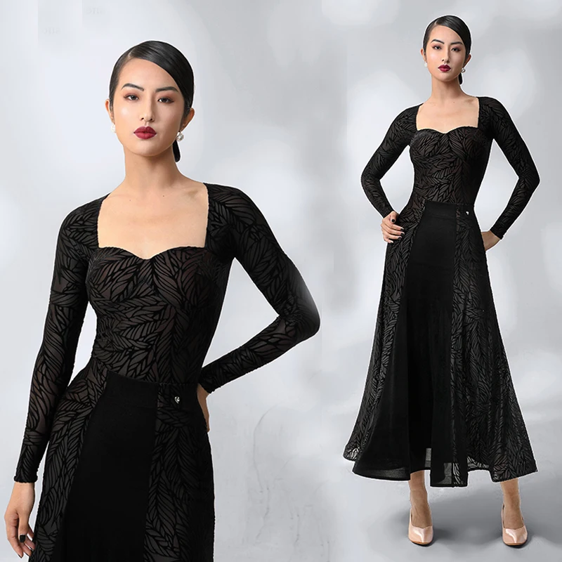 Waltz-Ballroom-Dance-Clothes-Competition-Women-Velvet-Latin-Top-Long ...