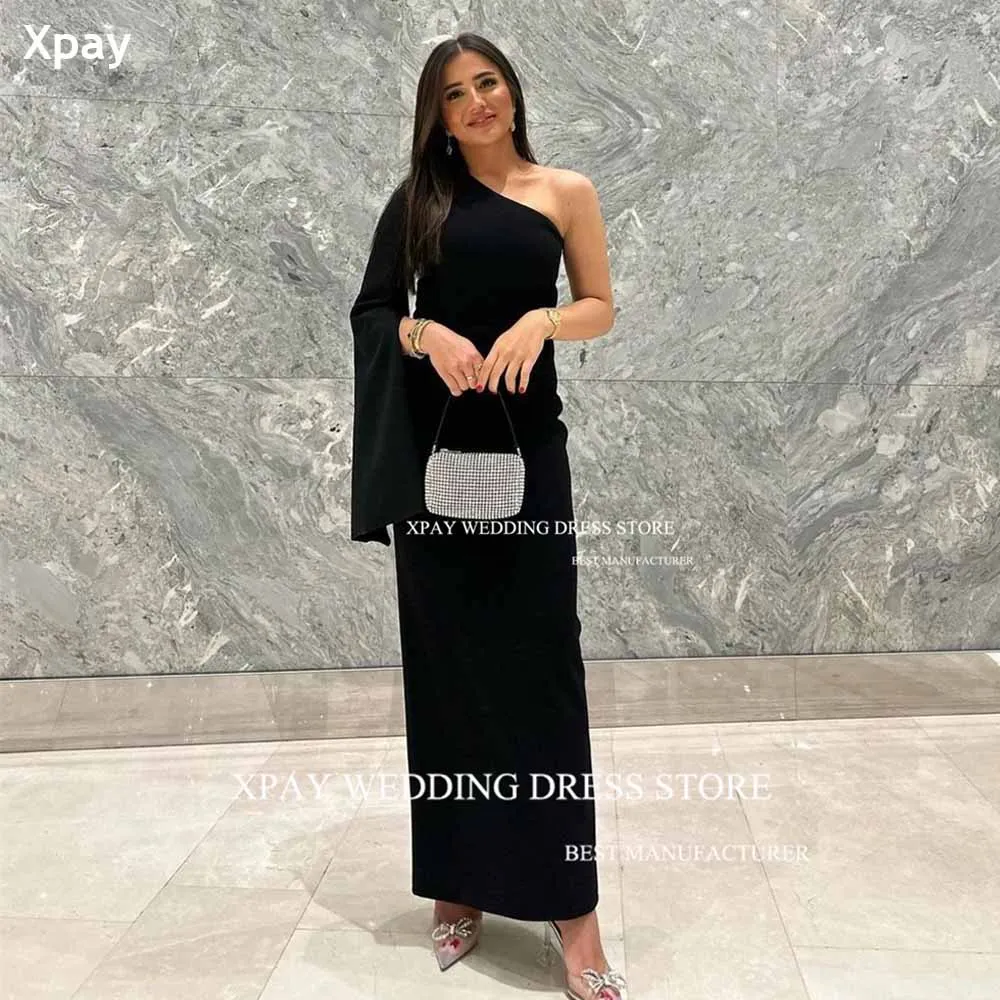 XPAY-One-Shoulder-Black-Evening-Dresses-Straight-Long-Flare-Sleeves ...