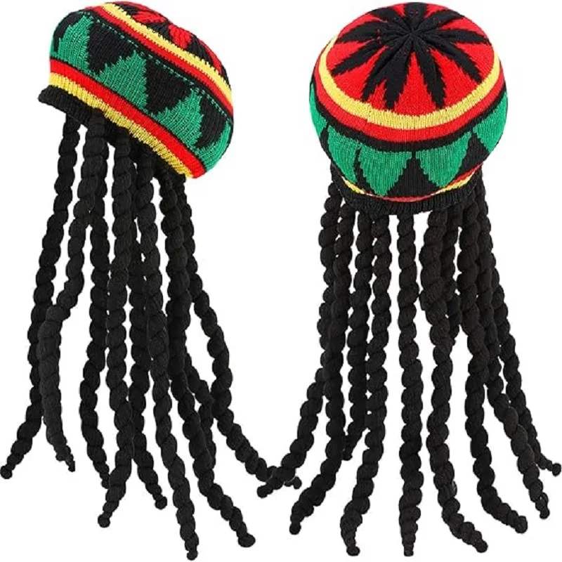 New-Rasta-Reggae-Knitted-Hat-With-Fake-Braids-Jamaican-Hats-Hip-Hop ...