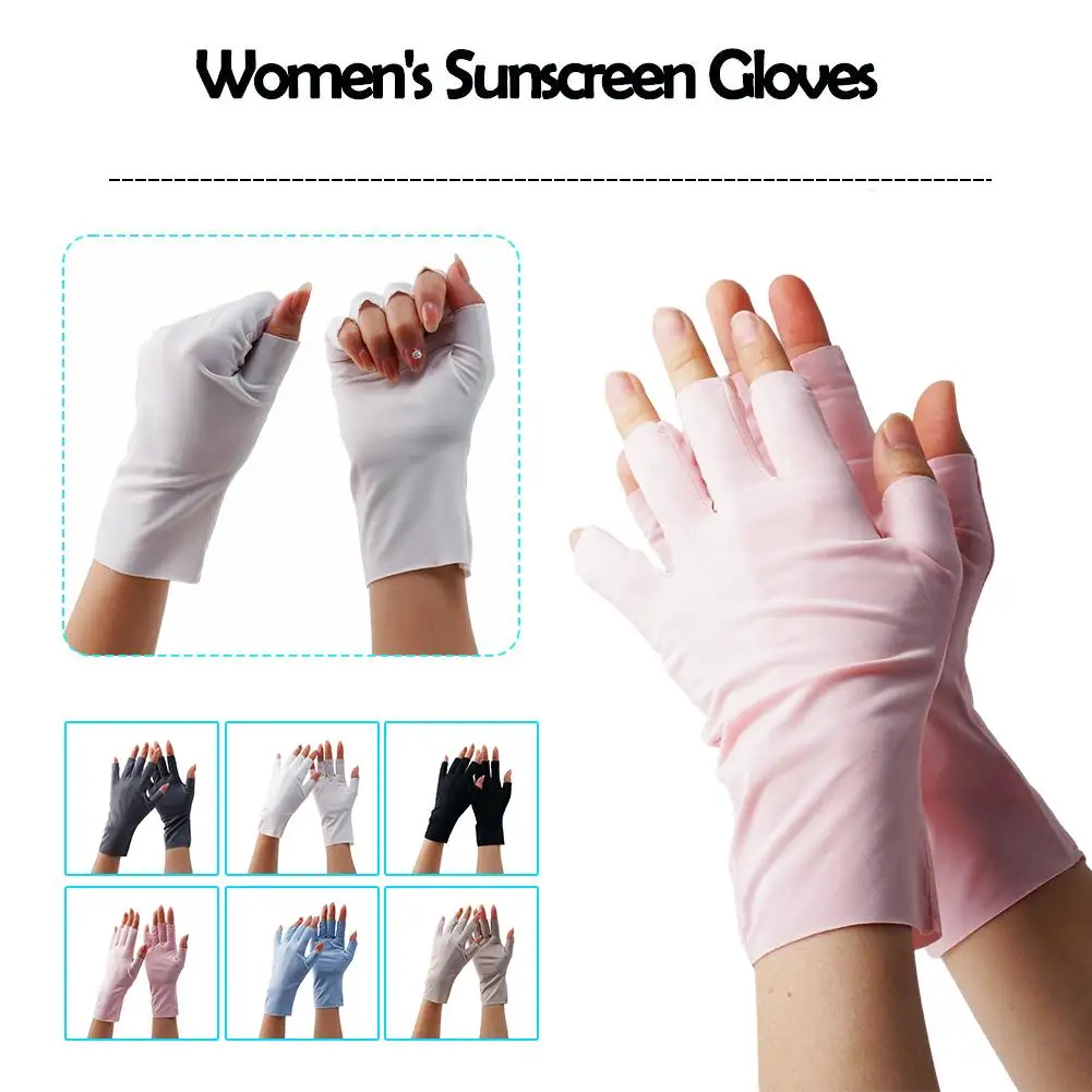 Women Sunscreen Fingerless Gloves UV Protection Half Finger Gloves ...