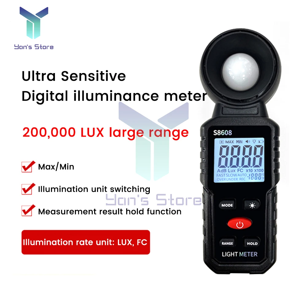 S8608-Digital-Illuminance-Light-Meter-Tester-200000LUX-Meter-Luxmeter ...