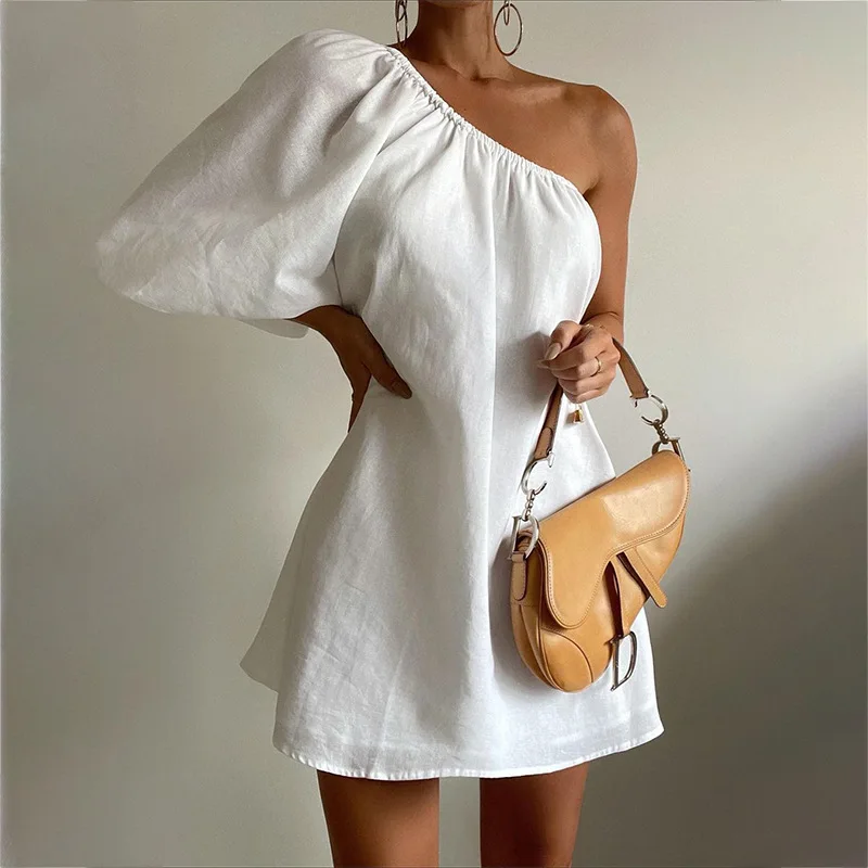 Women's Beach Party Dress, Sexy One-Shoulder Short Sleeve, Mini Prom ...