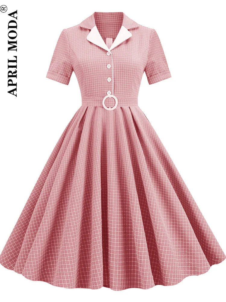 Pink Retro 1950s Vintage Rockabilly Dress Swing Casual Summer Button ...