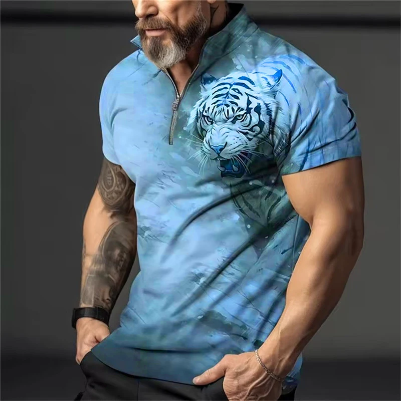 Fashion Tiger Pattern Men's Polos T-Shirts Summer Short Sleeve Zippers ...