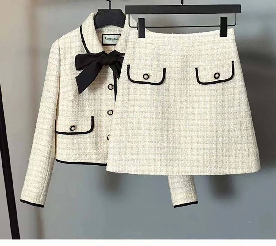 Two Piece Outfit Women Tweed Jacket And Skirt Set Long Sleeve Blazer ...