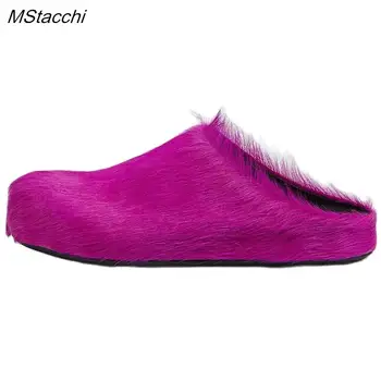 Real Leather Fur Women Horsehair Half Slippers Luxury Designer Brand ...