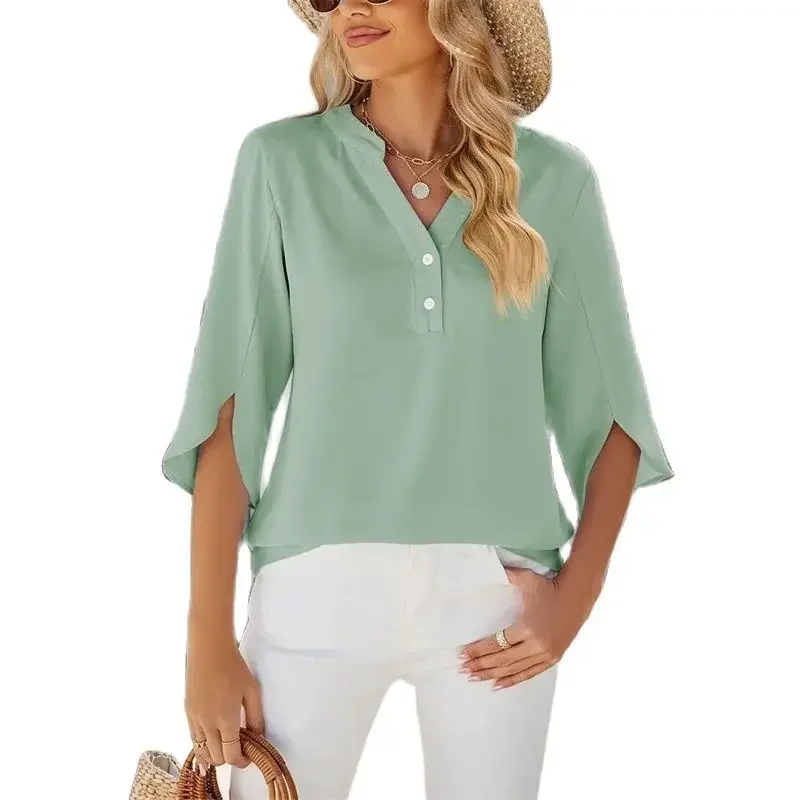 Elegant-V-Neck-Button-Splice-Chiffon-Shirt-Women-Solid-Color-Half-Sleeve-Pullover-Blouse-Summer ...