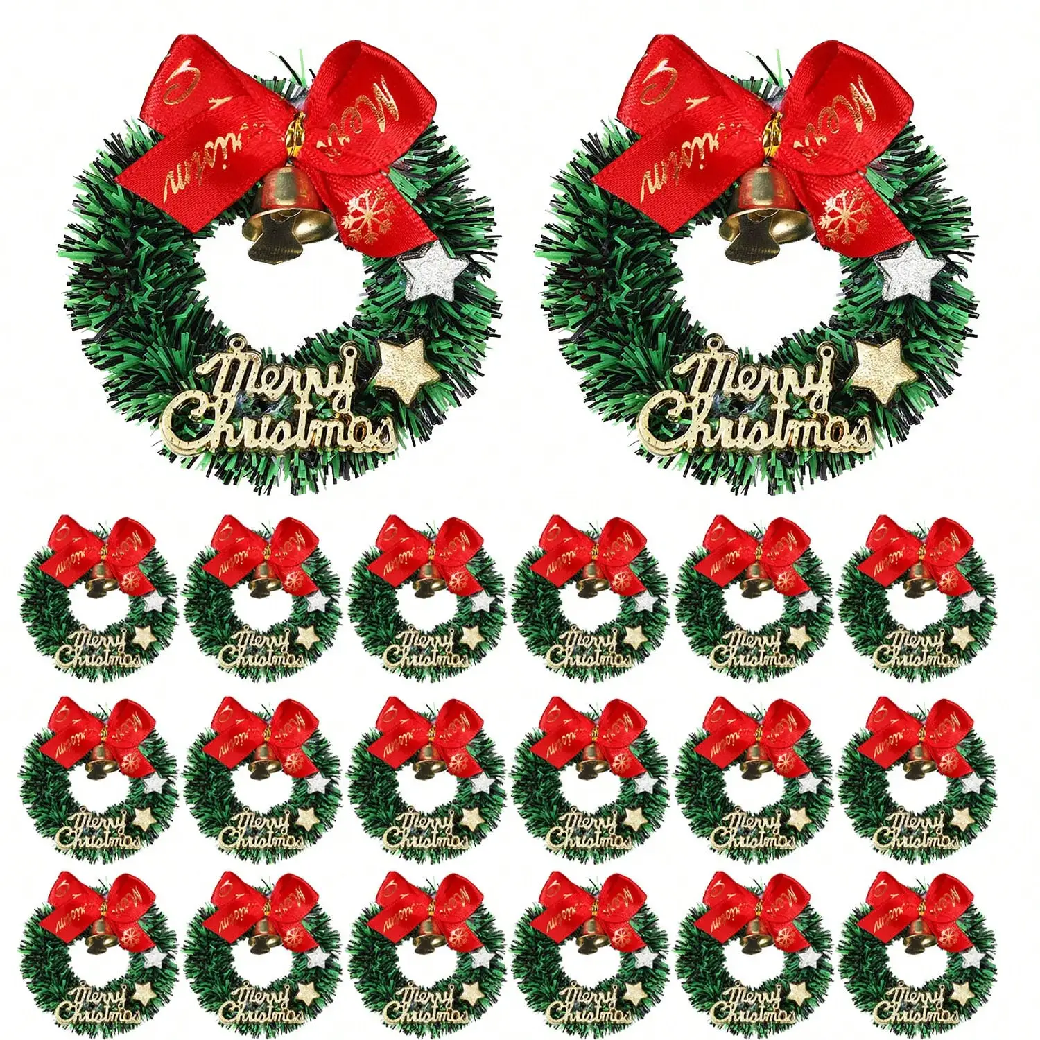 Mini coronas navideñas con lazos rojos y campanas doradas, adornos de ...