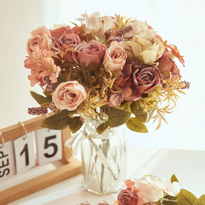 4 Heads Rose Bouquet Artificial Flowers Western Rose Wedding Decoration ...