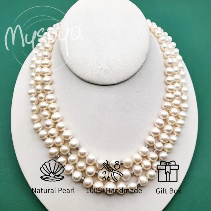 Mysoya Three-layer White Freshwater Pearl Necklace 6-7mm with Gift Box ...