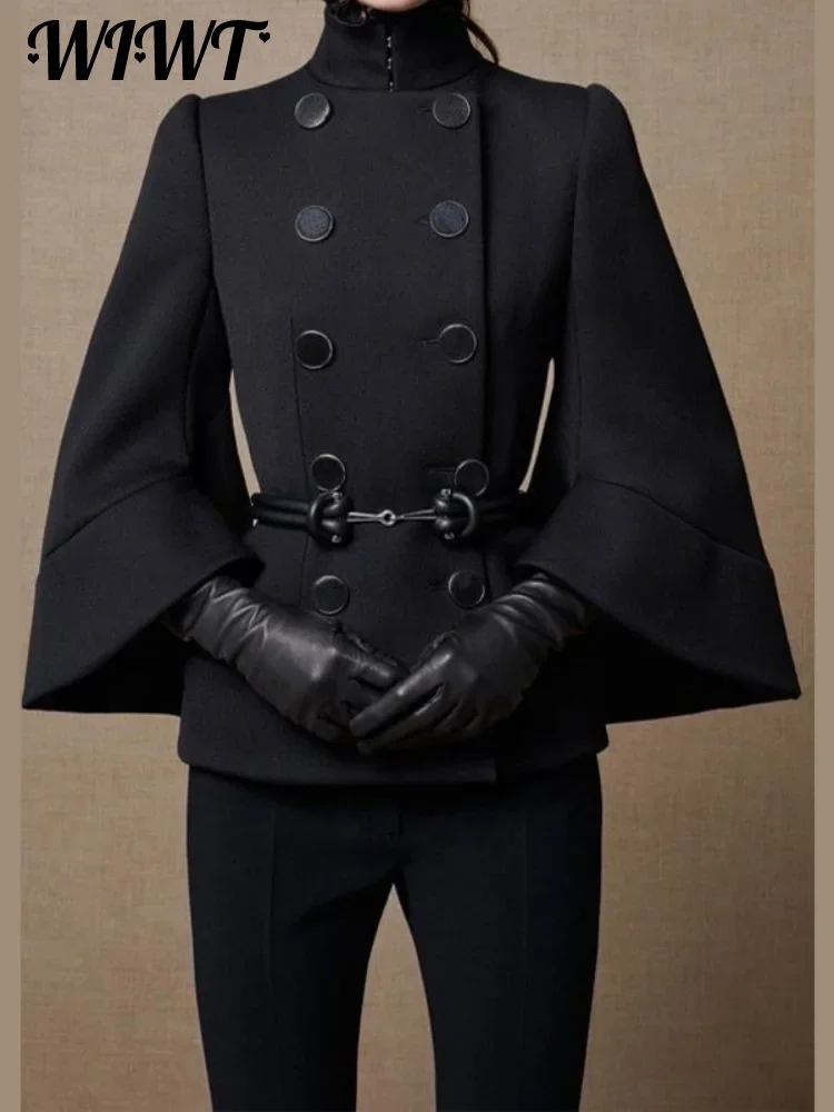 Elegant-Belt-Double-Breasted-Women-Jackets-Black-Flared-Long-Sleeve ...