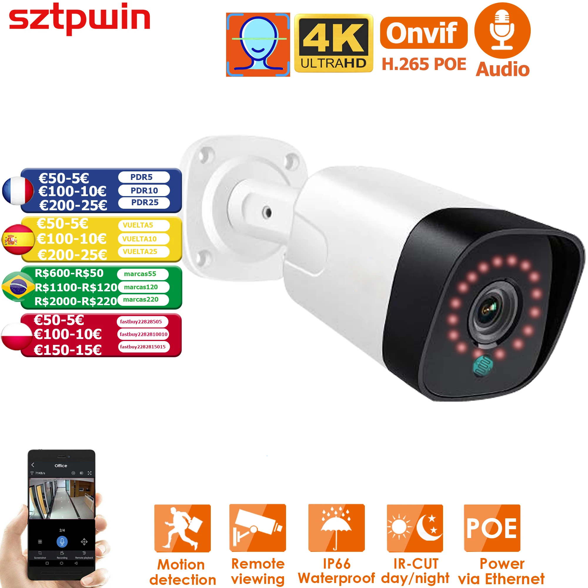8MP 4K POE IP Camera ONVIF H.265 Audio CCTV Bullet 5MP Face Detection ...