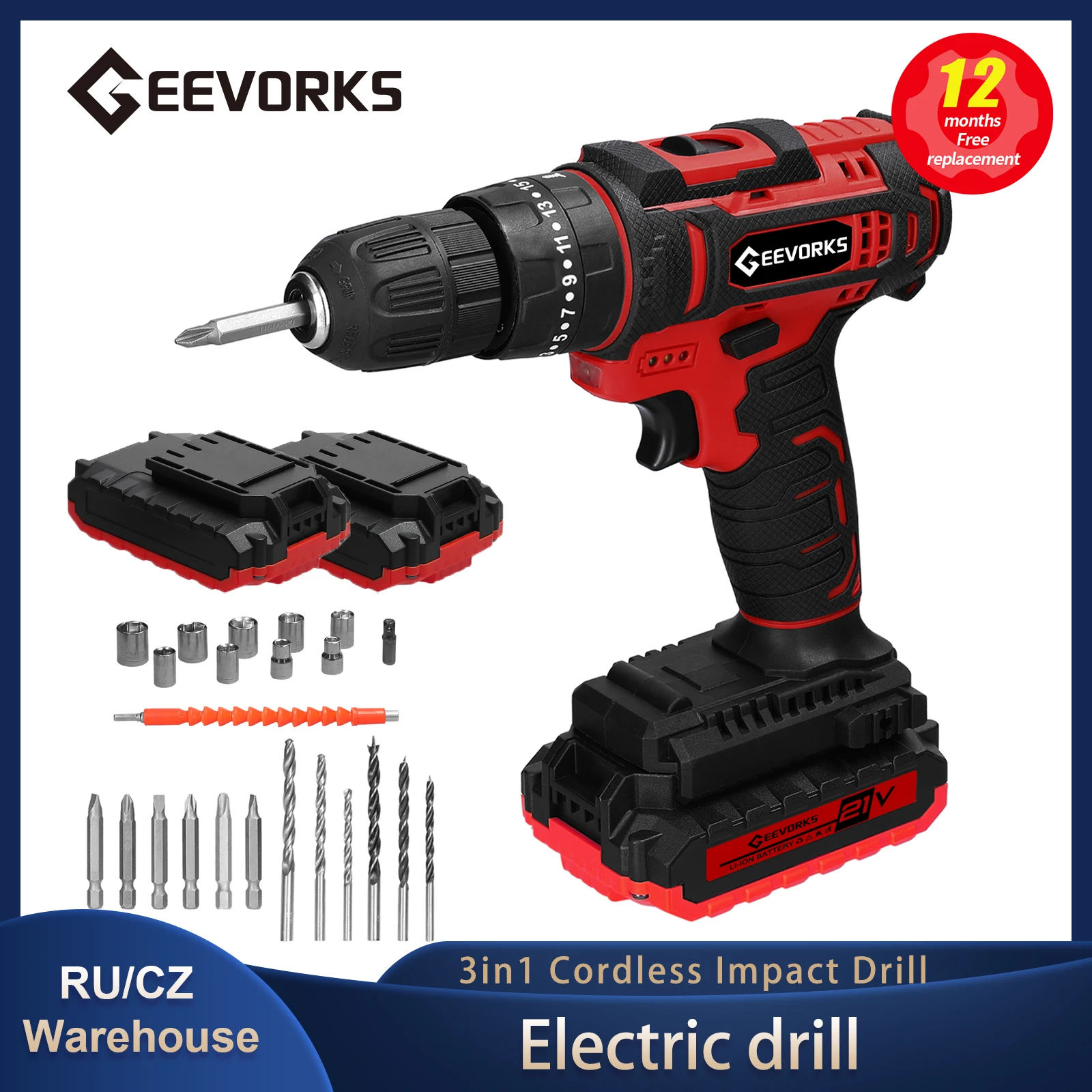 Geevorks 3in1 Wireless Electric Screwdriver Cordless Impact Drill 21v