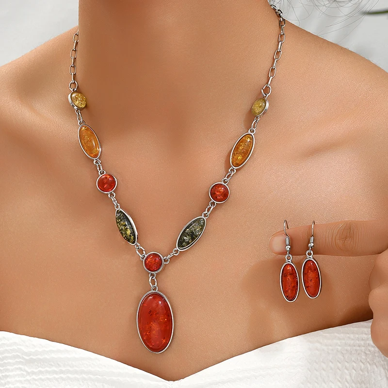 Fashion Vintage Colorful Stone Necklace Earrings Sets Ethnic Style ...