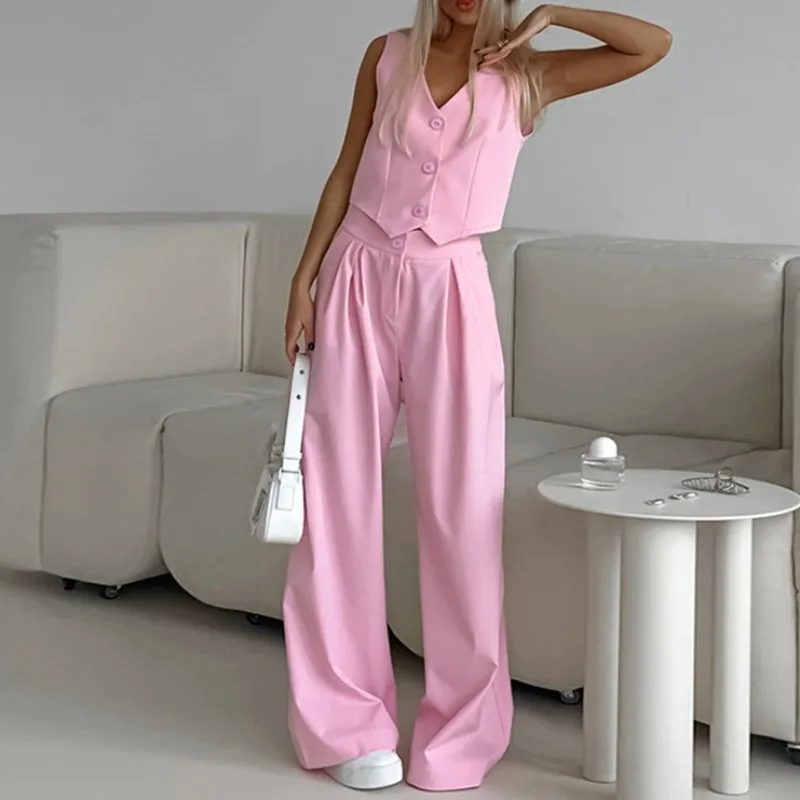 Women-s-Commuting-Pink-Sleeveless-Vest-Wide-Legged-Pants-Set-2024 ...
