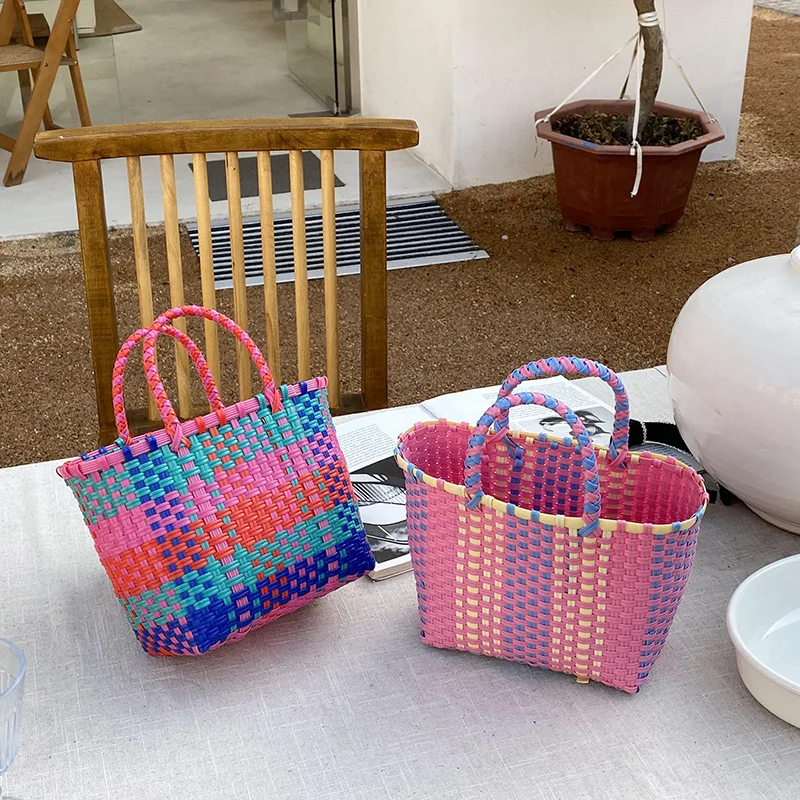 Weaving-Hand-Basket-Colorful-Handbag-Fashion-PVC-Handle-Woven-Bag ...