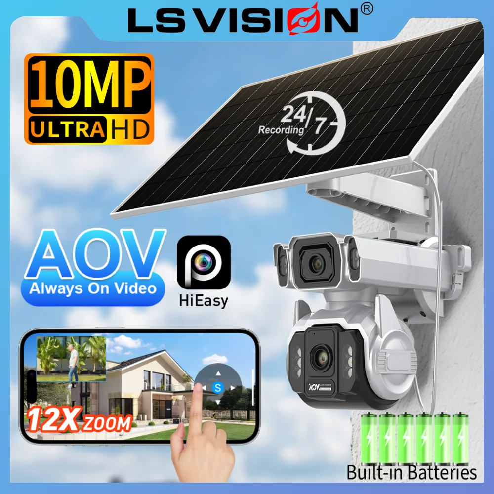 LS VISION Dual Screens 10MP AOV Solar Camera Outdoor 12X Zoom 24/7 ...