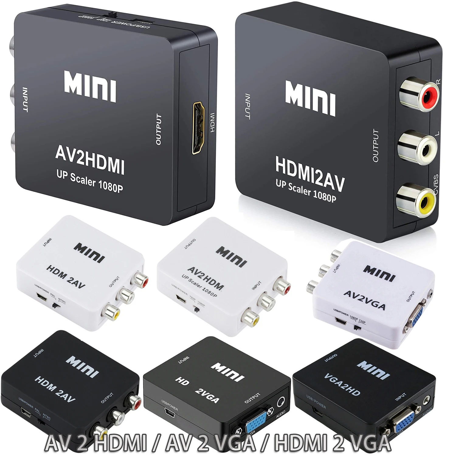 HDMI to RCA 컨버터 VGA to AV CVBS AV2HD 1080P L R 출력 비디오 오디오 어댑터 박스, PAL ...