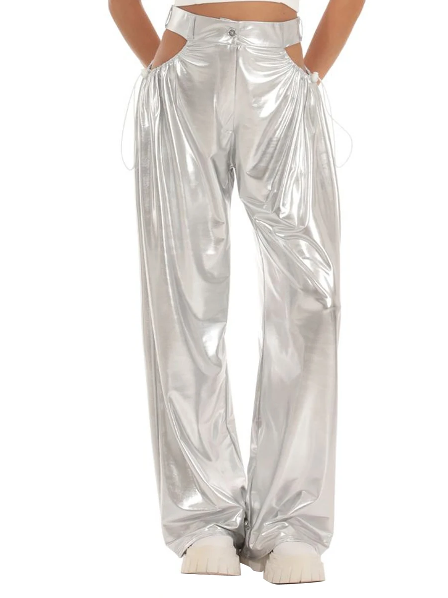 Women-s-Shiny-Metallic-Pants-High-Waist-Solid-Color-Side-Cutout-Wide ...
