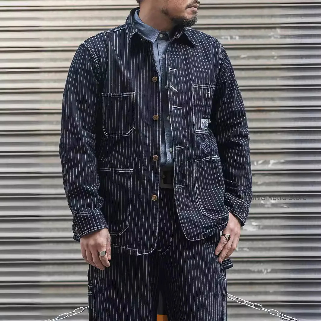 Qingtian Workwear American Retro Railway Striped Workwear Jacket Men's ...