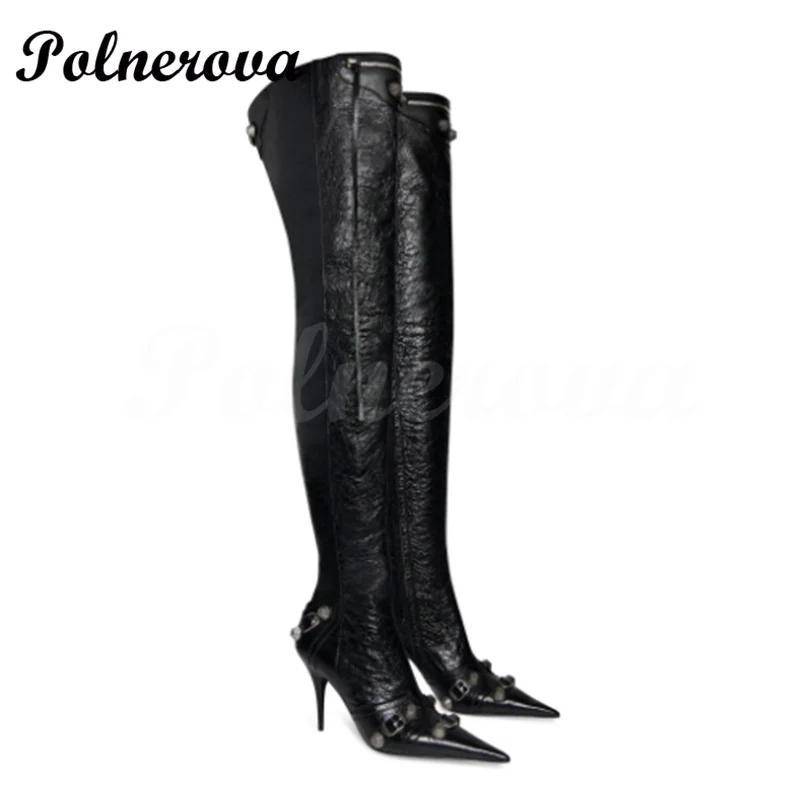 Rivet-Pin-Buckle-Pointed-Toe-Over-The-Knee-Boots-Fpr-Women-Stiletto ...