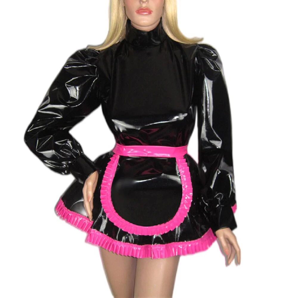 Men-Male-Sissy-PVC-Maid-Flared-Dress-with-Apron-Puff-Long-Sleeve-High ...