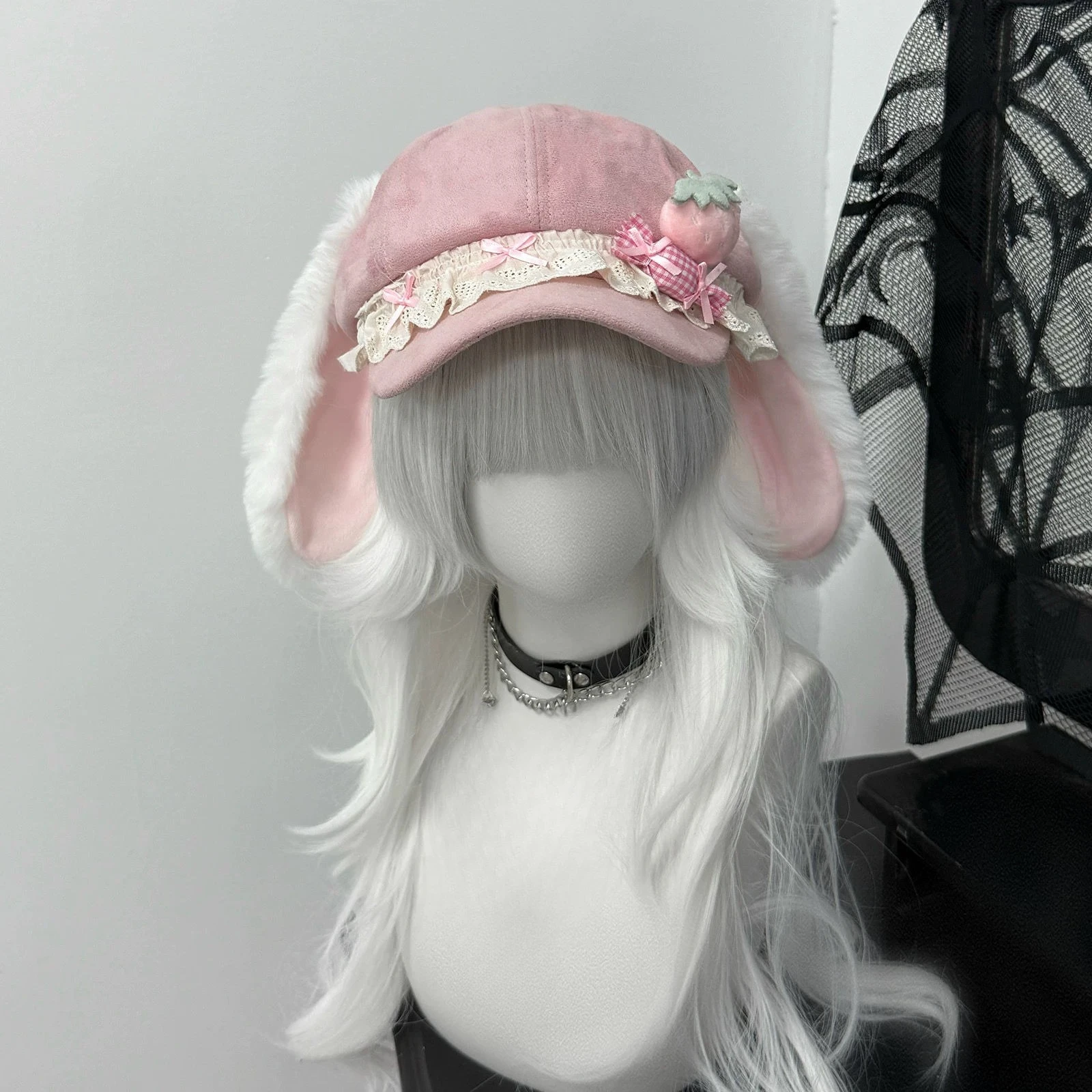 Y2k Subculture Girl Beret Lace Rabbit Ear Caps Gothic Black Color ...