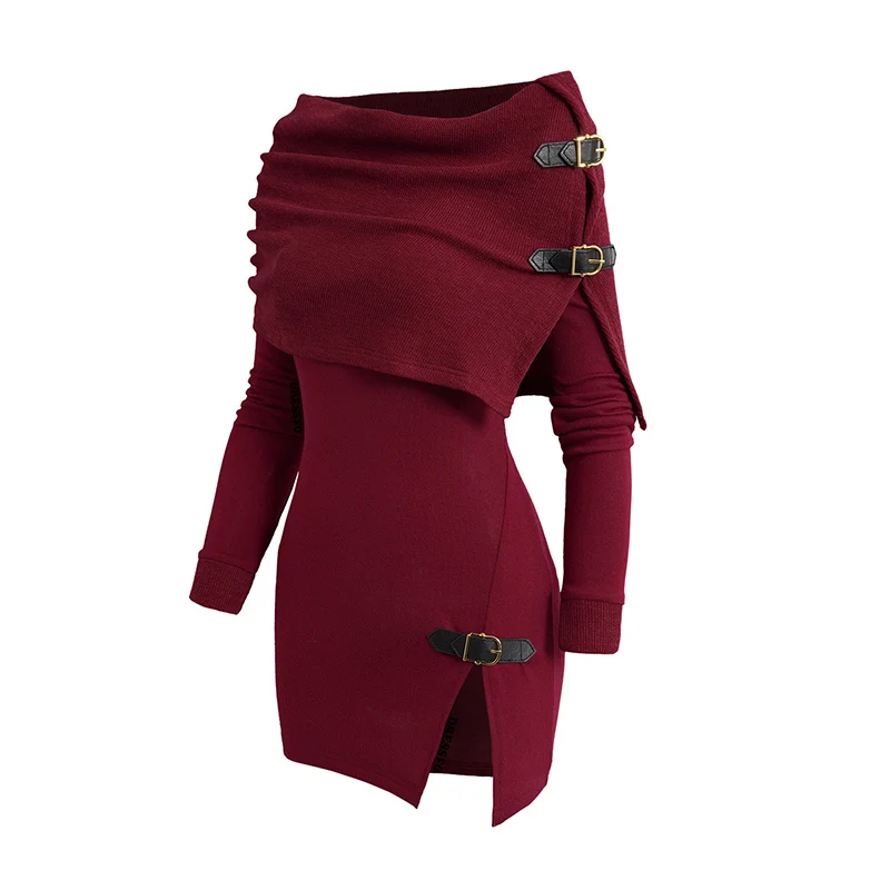 Women's Open Shoulder Knit Foldover Top Long Sleeve Buckle Strap Solid ...