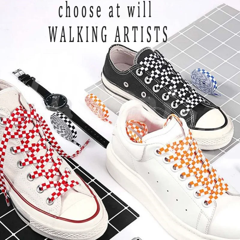 1-Pair-Black-White-Checkered-Grid-Flat-Shoelaces-Printing-Ribbons-Shoe ...