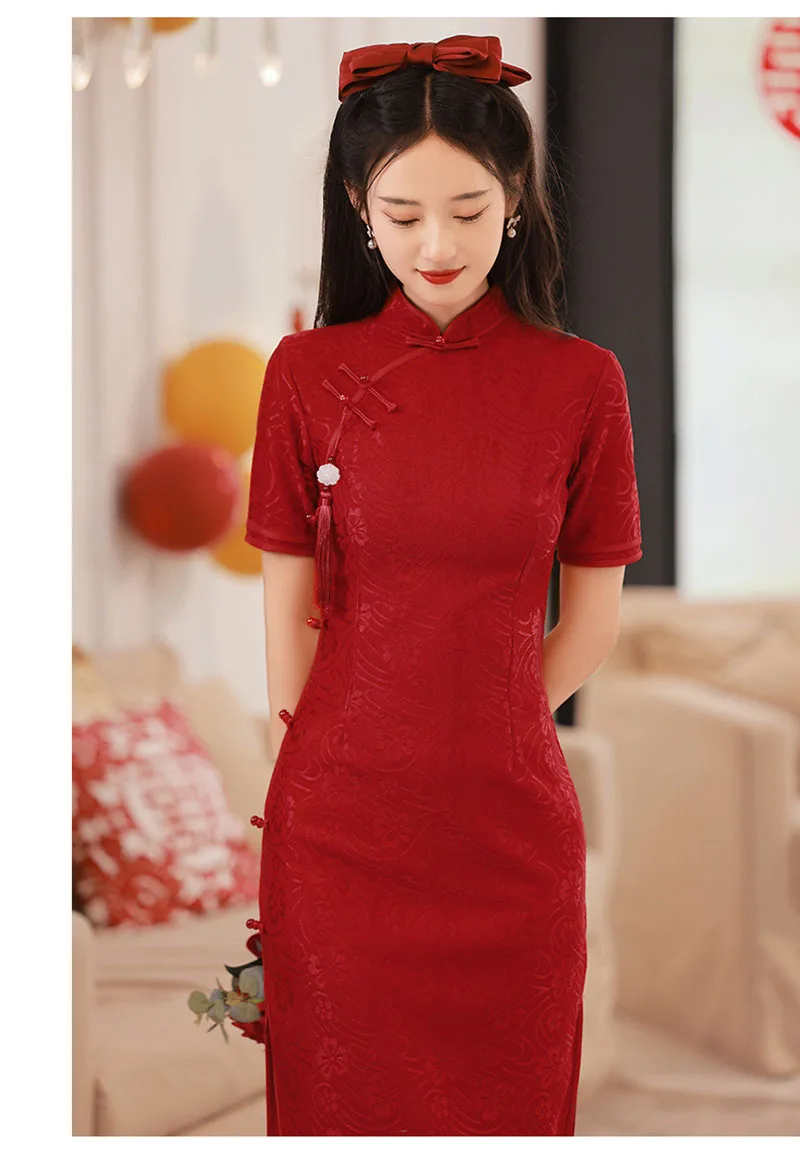Wine-Red-Chinese-Style-Cheongsam-Vintage-Slim-S-To-XXL-Short-Sleeve ...