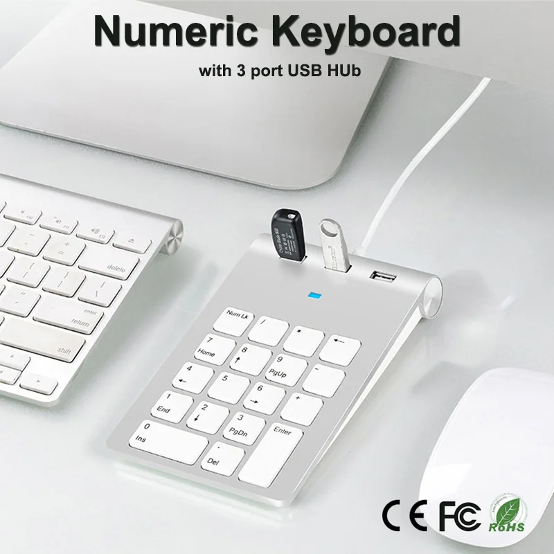 USB Wired Numeric Keypad 18 Keys with 3 USB2.0 Port Hub Mini Keyboard ...