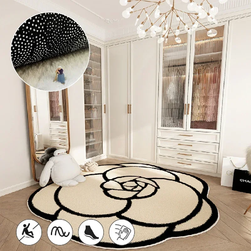 French-Cream-Style-Rugs-for-Bedroom-Round-Flower-Bedside-Rug-Soft-Non ...