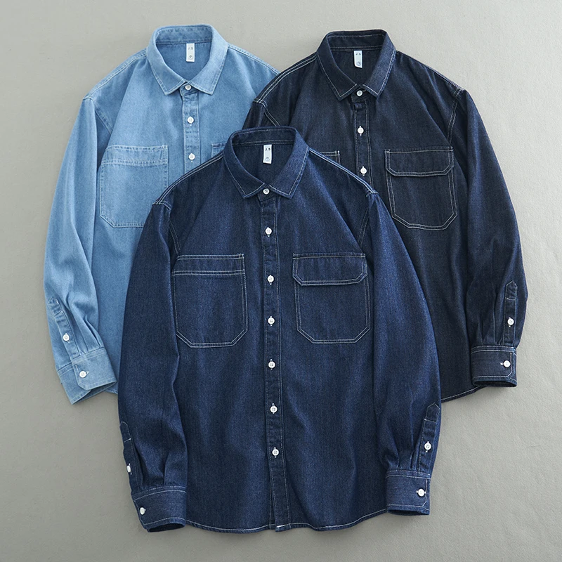 Japanese Workwear Denim Long Sleeve Shirt for Men Youthful Literary ...
