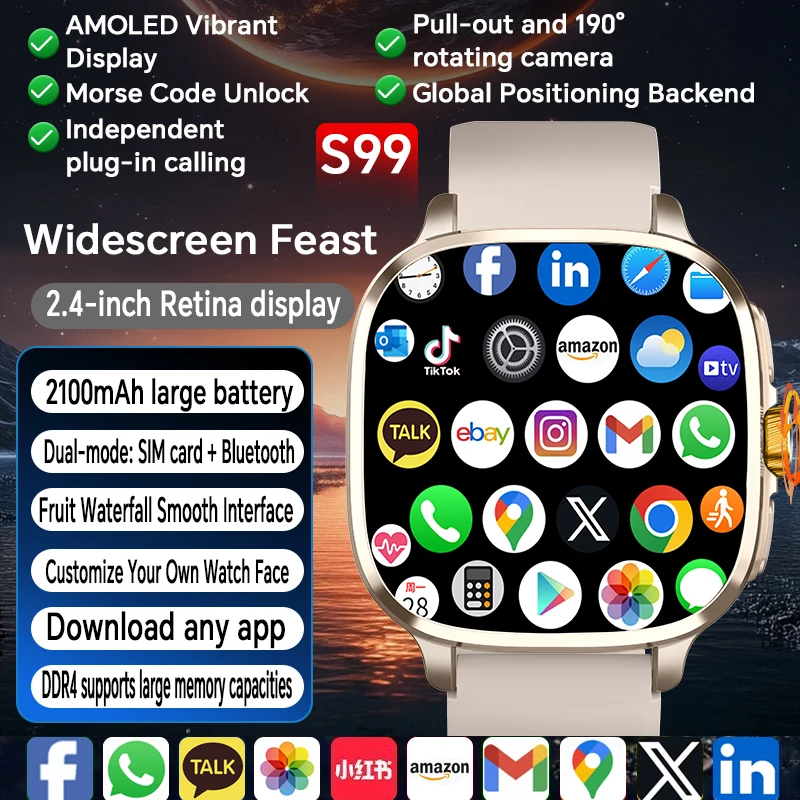 5G Full Netcom S99 Smartwatch Android13 Smart Watch With 190° Rotating ...