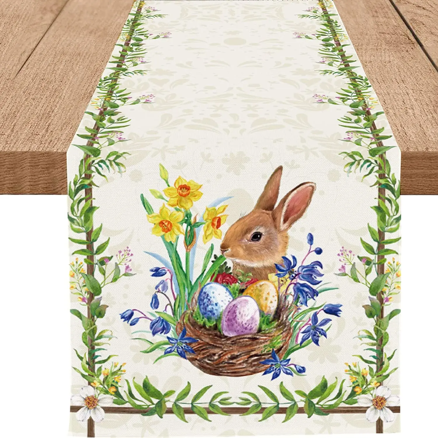 Easter Cute Rabbit Colour PrintingTable Runner Burlap Wild Flowers ...