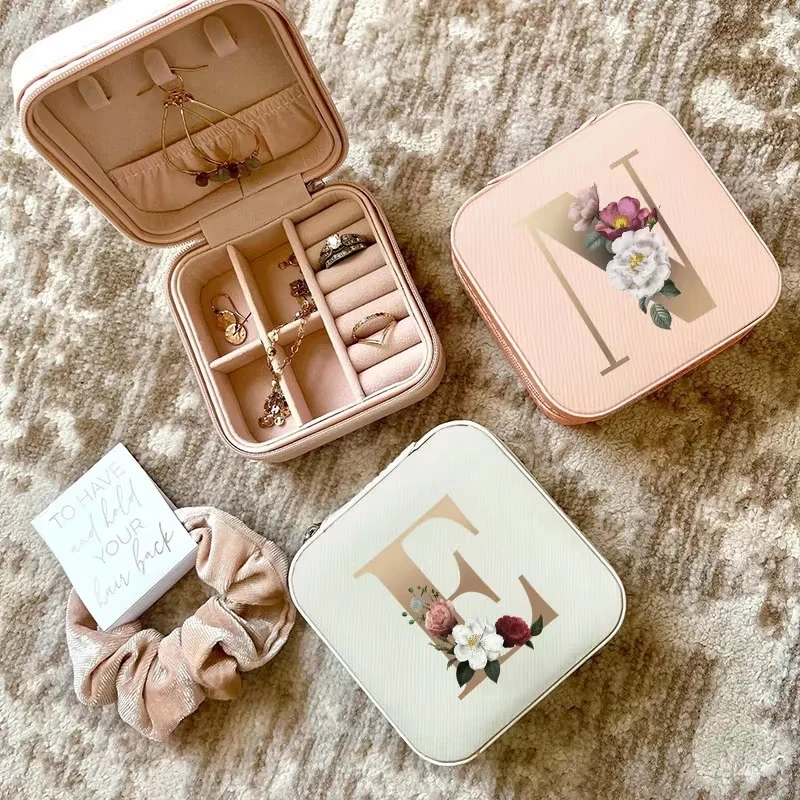 Golden Alphabet Flower Print Jewelry Boxes Personalized Jewelry Box ...