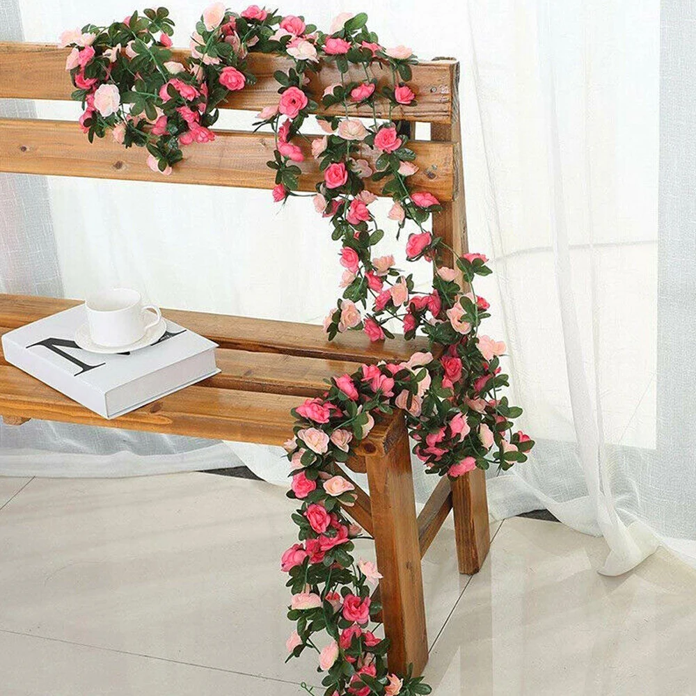 8.2ft Artificial Rose Garland Pink Fake Rose Vine Faux Flower Garland ...
