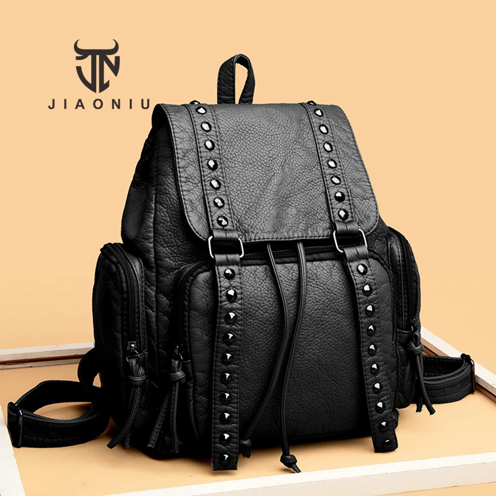 Luxury-High-Quality-PU-Leather-Ladies-Backpack-Fashion-Rivet-Design ...