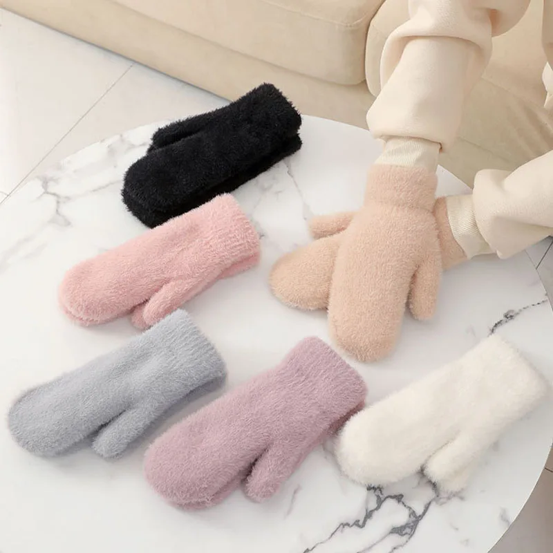 Women Winter Mink Down Gloves Female Plus Velvet Thicken Knitting Warm ...