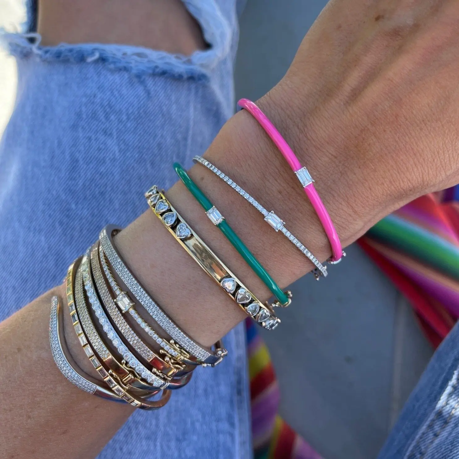 Rainbow Colorful Enamel Bangles Bracelet Paved Geometric Rectangle ...