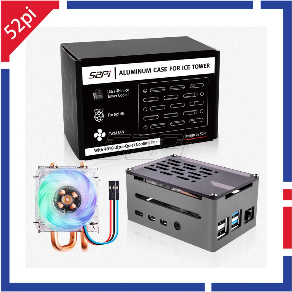 52Pi Raspberry Pi 4 Model B Aluminum Brick Case Black Enlosure Shell with Low-Profile Ice Tower ...