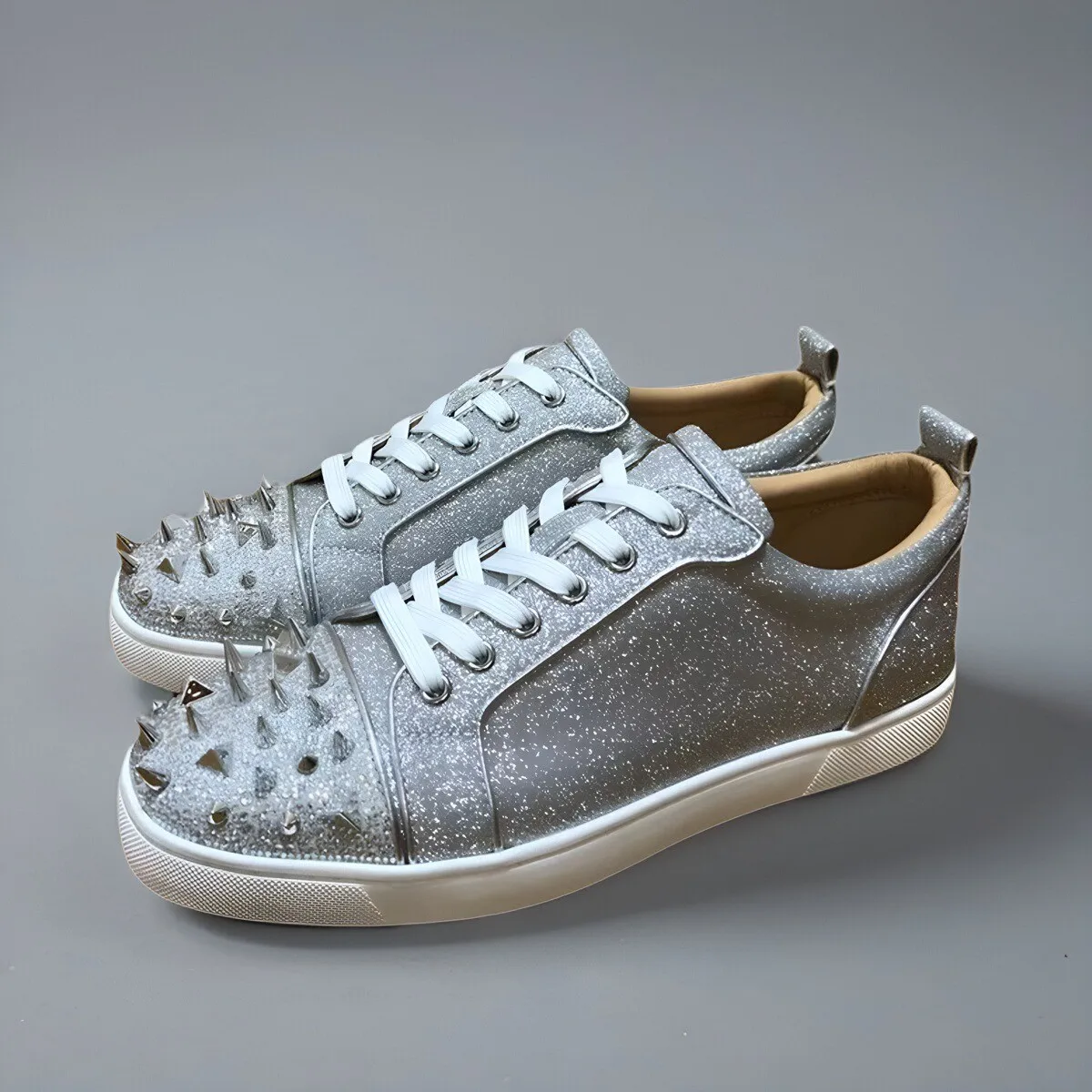 Luxury-Low-Top-Red-Bottom-Shoes-For-Men-Trainers-Spiked-Silver-Glitter ...