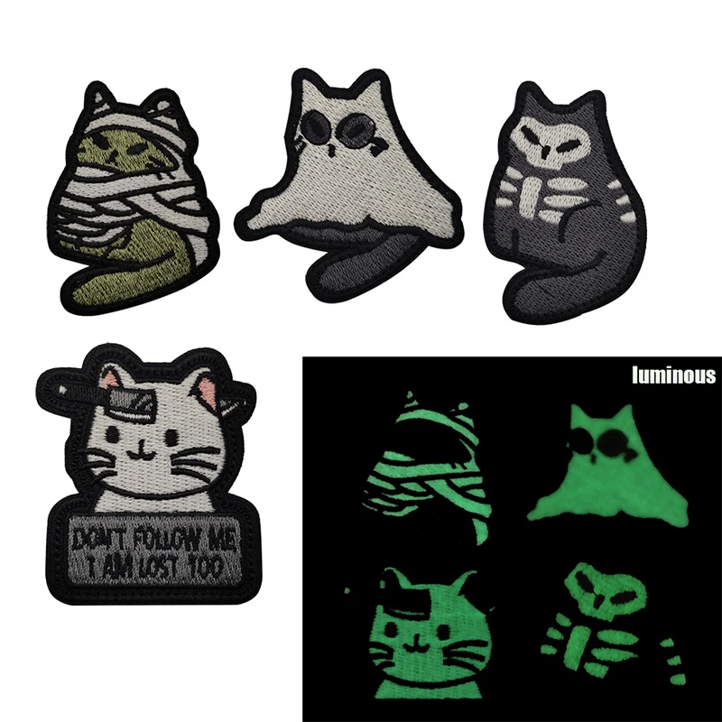 Halloween-Luminous-Kitten-Patch-Cute-Bandage-Skeletons-Ghosts-Glow-in-Dark-Embroidered-Applique ...