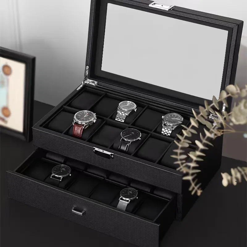 24-watch-box-black-carbon-fiber-24-bit-double-watch-storage-box-PU ...