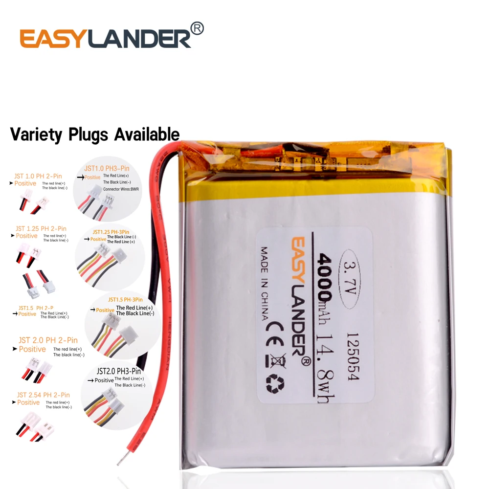 JST2.0 2P /JST1.25 2P 3.7V 4000mah 125054 Lithium Polymer LiPo ...