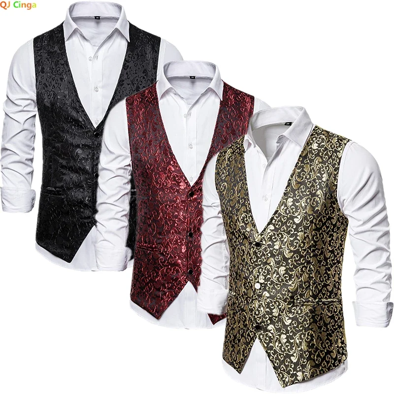 Men-s-Gold-Jacquard-Fabric-V-Neck-Sleeveless-Vests-Jacket-Single ...