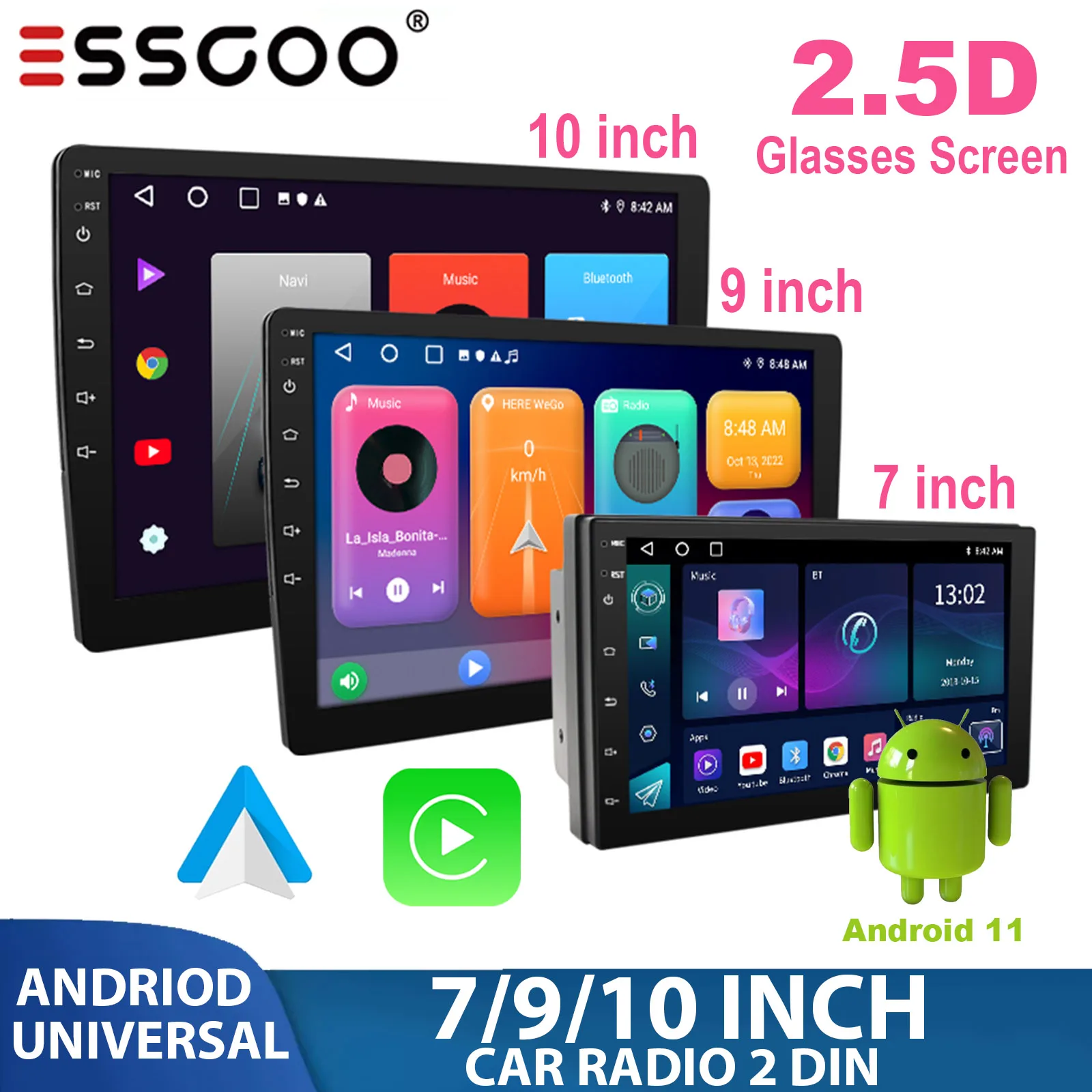 Essgoo rádio do carro 2 din 7 "/9"/10 "navegador gps mp5 player 2.5d tela de vidro sem fio ...