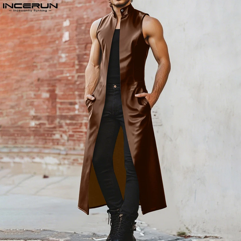 INCERUN Men Long Style Vests PU Leather Solid Color Stand Collar ...