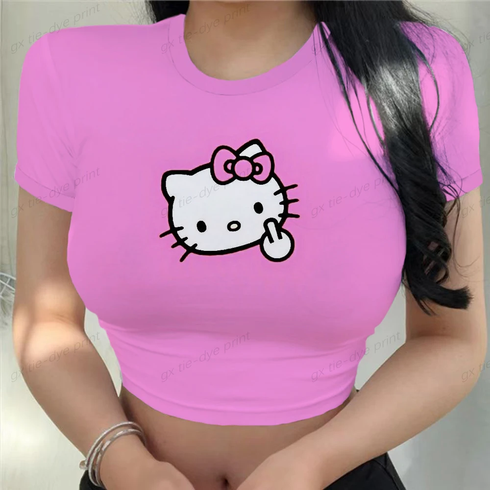 Camisetas con estampado de Hello Kitty para mujer, Tops informales Harajuku, Camisetas ...