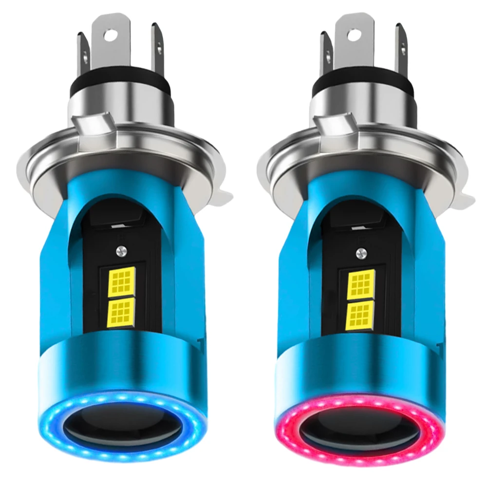 1Pc H4 Blue/Red Angel Eye LED Motorcycle Headlight 5050 Scooter ...